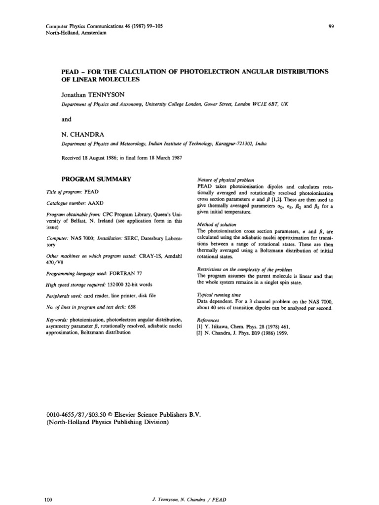 Jonathan Tennyson and N. Chandra - PEAD: For The Calculation of Photoelectron Angular ...
