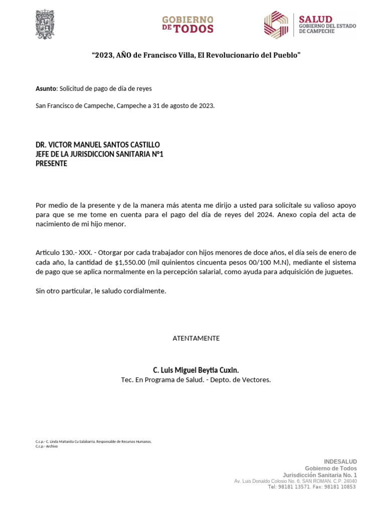 Oficio Solicitud Dia de Reyes | PDF