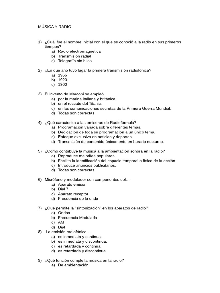 Preguntas Modelo Examen Música y Radio | PDF