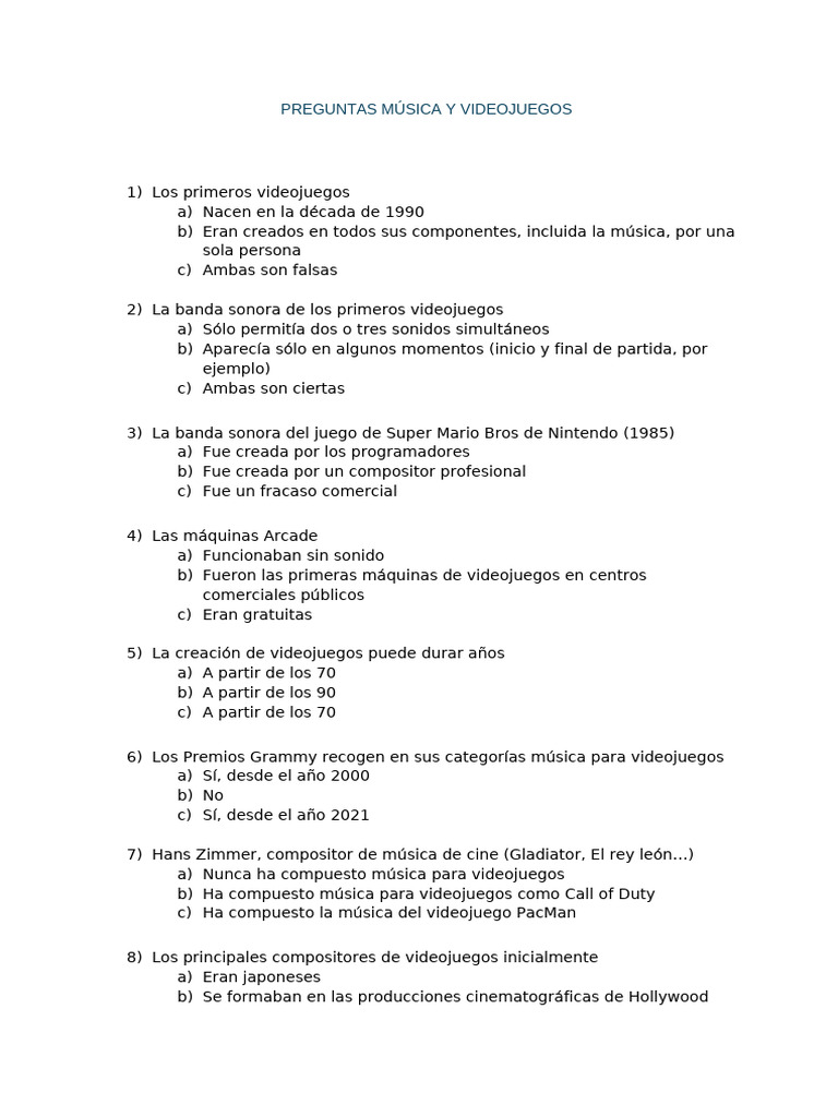 Preguntas Modelo Examen Música y Videojuegos | PDF