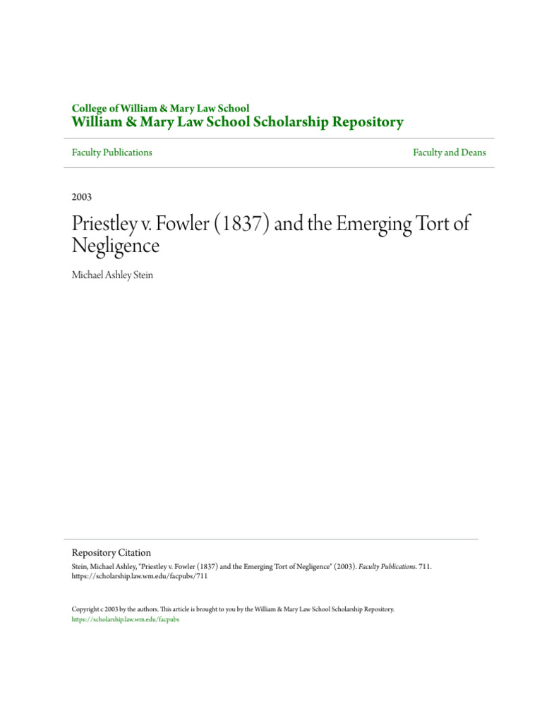 Priestley v. Fowler (1837) and The Emerging Tort of Negligence | PDF ...