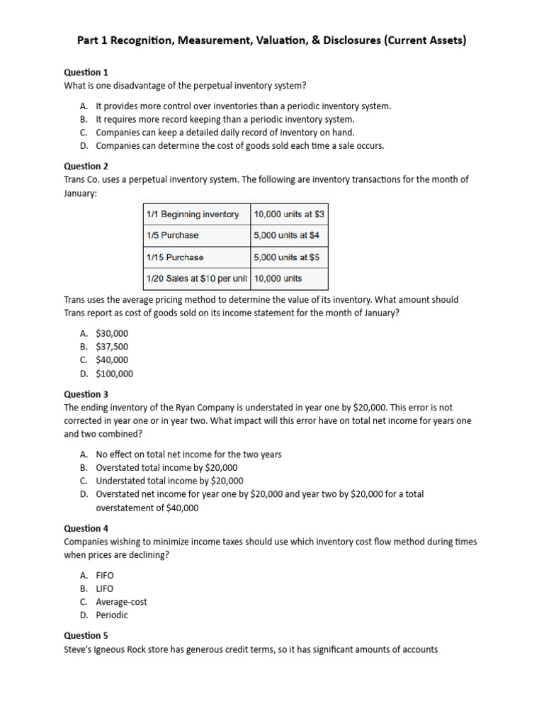 Part 1 Recognition, Measurement, Valuation, & Disclosures (Current ...