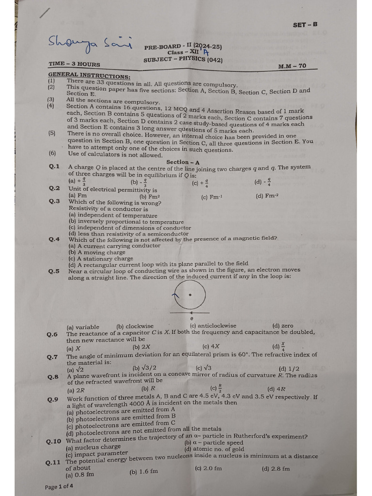 pre board physics | PDF