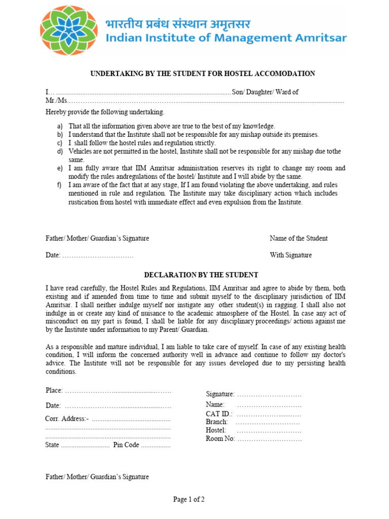 Undertaking Form For Students | PDF | Justice | Crime & Violence