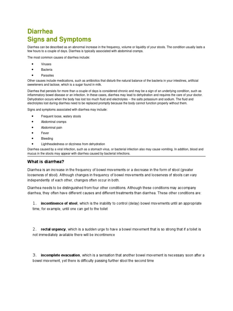 Diarrhea Signs and Symptoms | PDF | Diarrhea | Human Feces