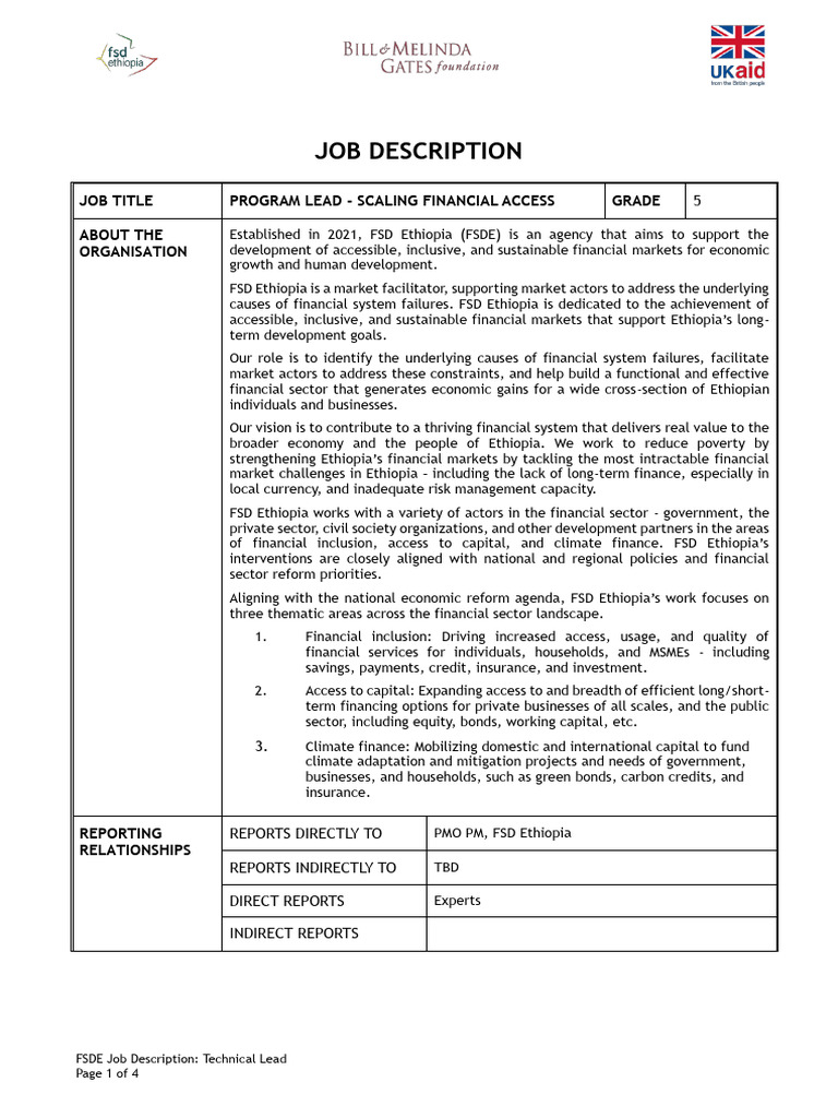 Program Lead Job Description at FSDE | PDF | Financial Inclusion | Ethiopia