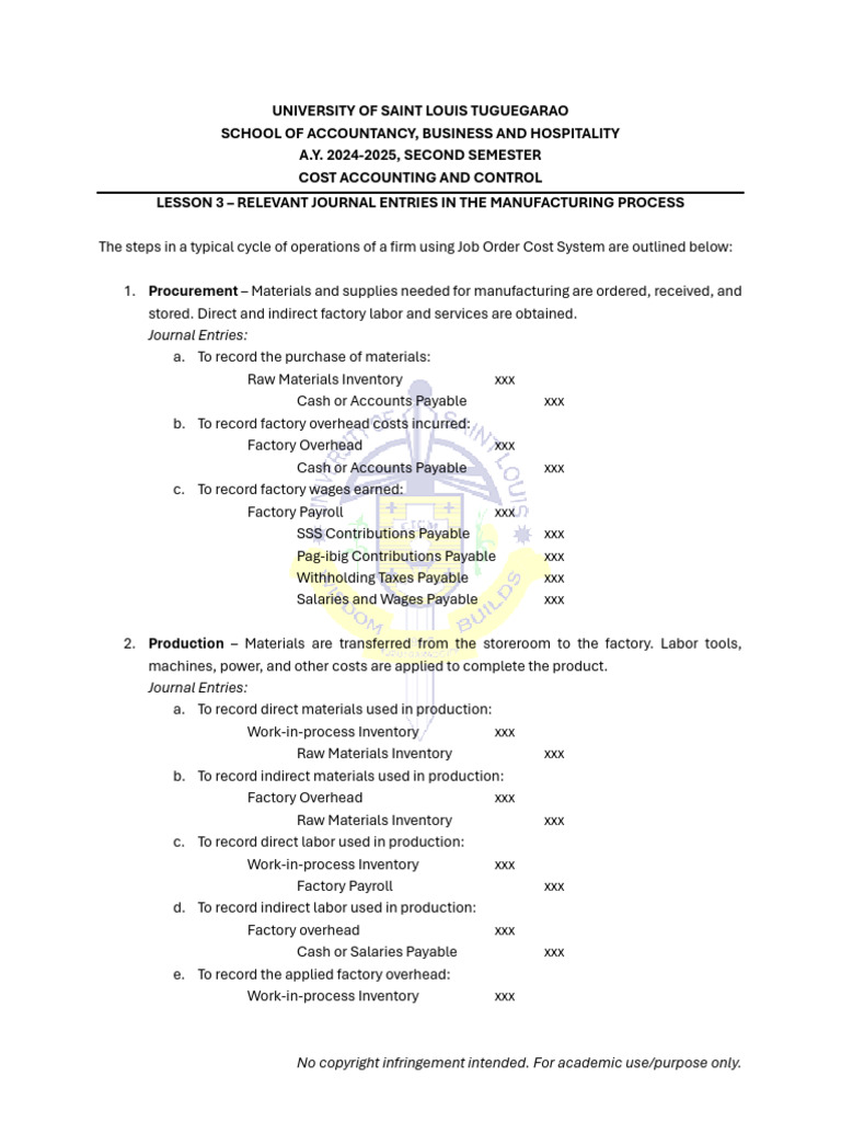 Lesson 3 - Relevant Journal Entries in The Manufacturing Process | PDF ...