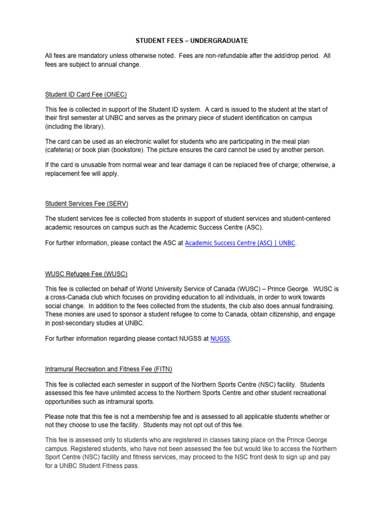 UNBC Mandatory Student Fees Overview | PDF | Fee