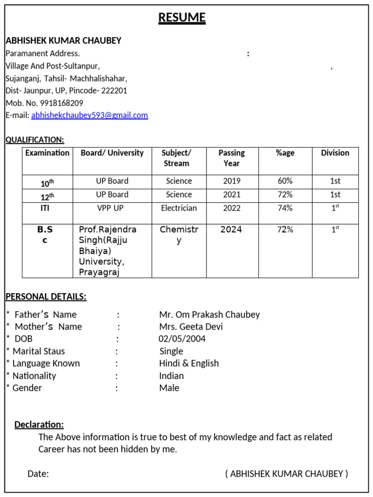 Abhishek Kumar Chaubey's Resume | PDF