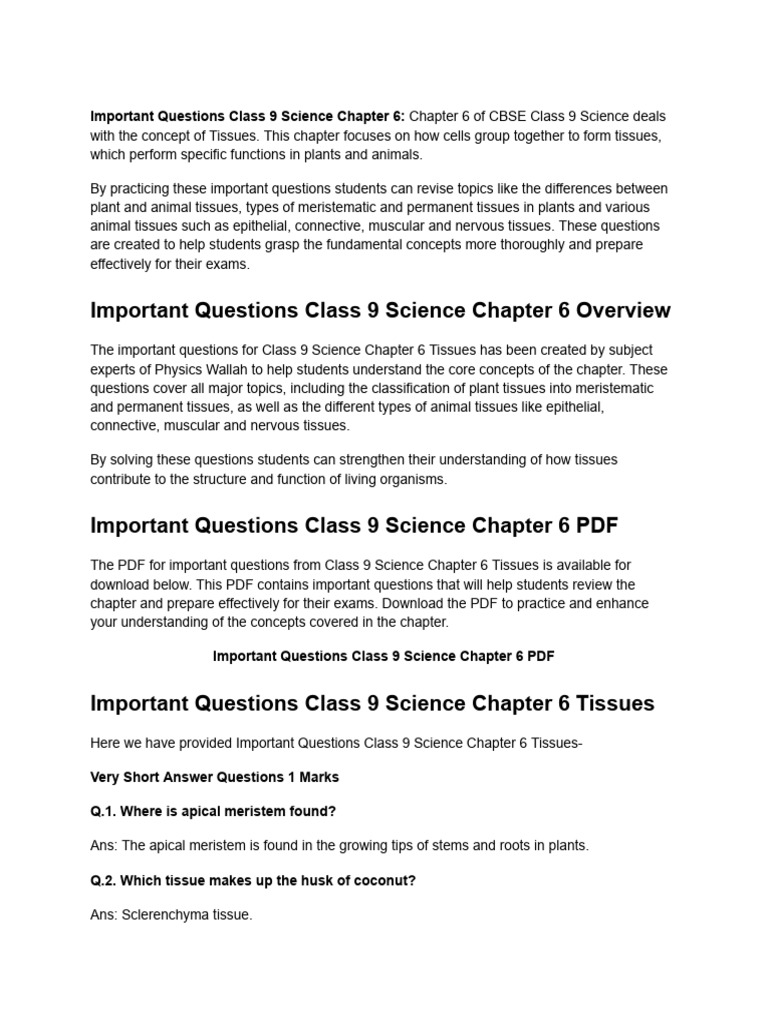 Important Questions Class 9 Science Chapter 6 | PDF | Tissue (Biology ...