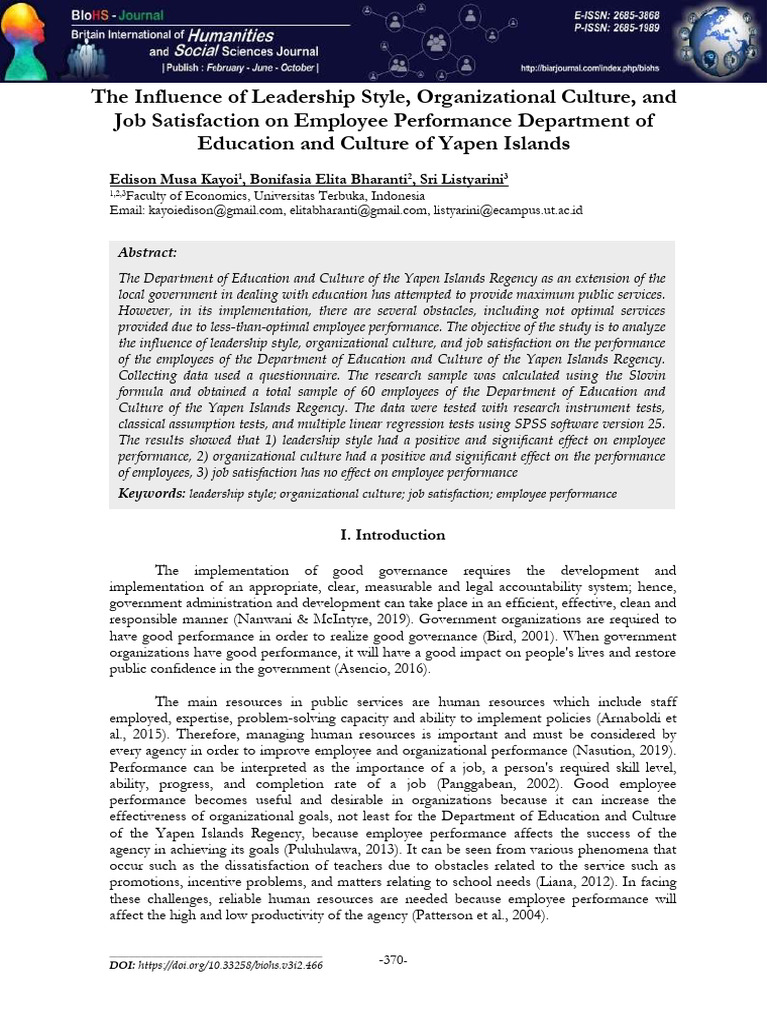 The Influence of Leadership Style, Organizational Culture, and Job Satisfaction On Employee ...
