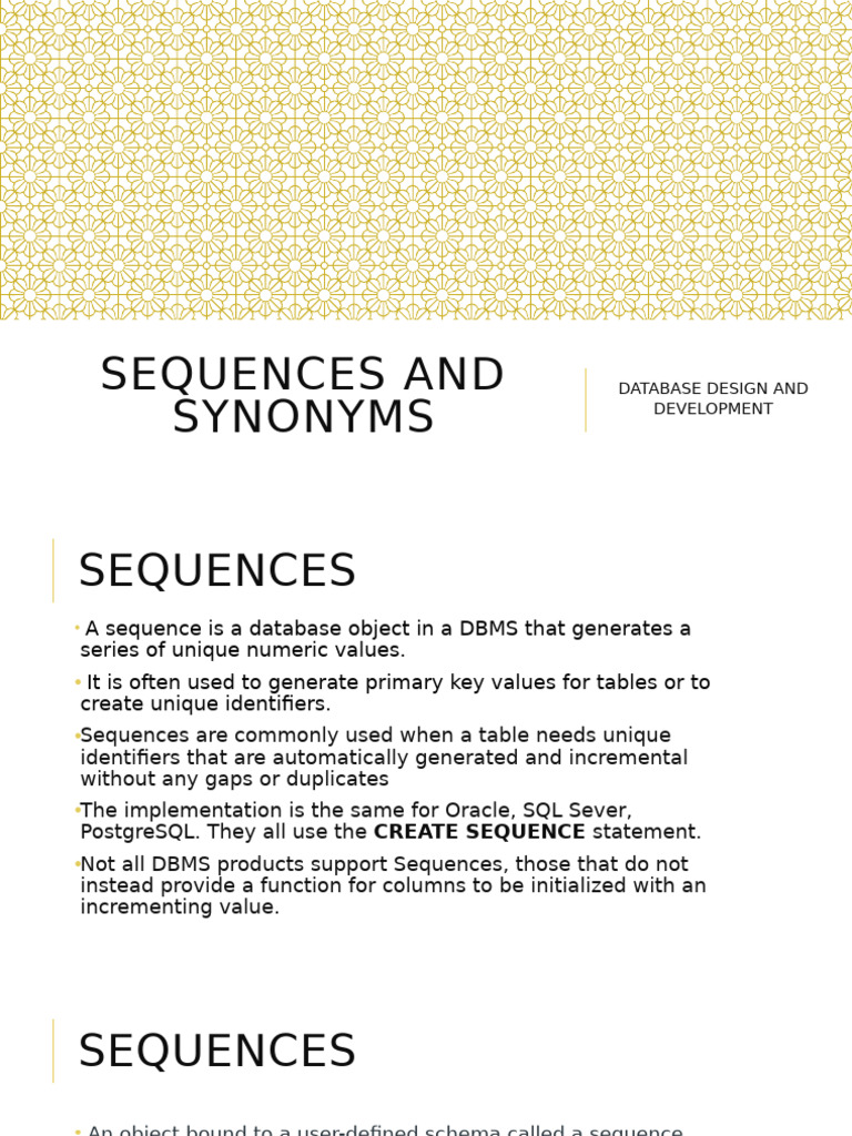 Sequences and Synonyms | PDF | Databases | Table (Database)