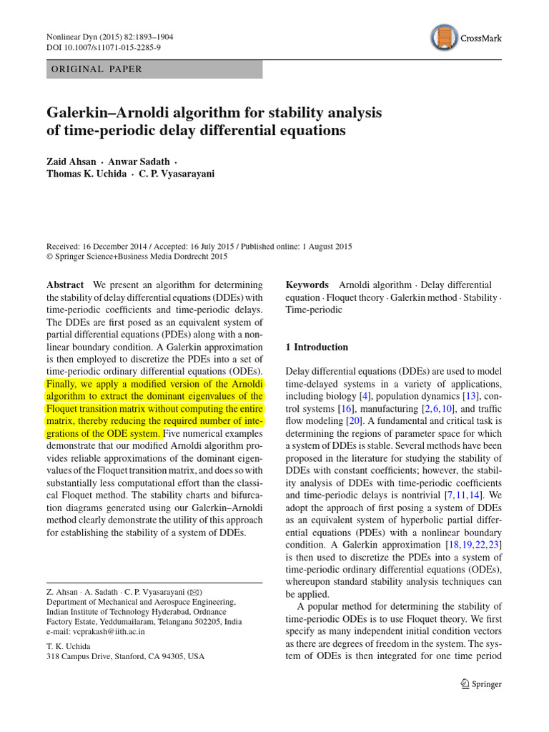 Galerkin-Arnoldi Algorithm For Stability Analysis of Time-Periodic Delay | PDF | Stability ...