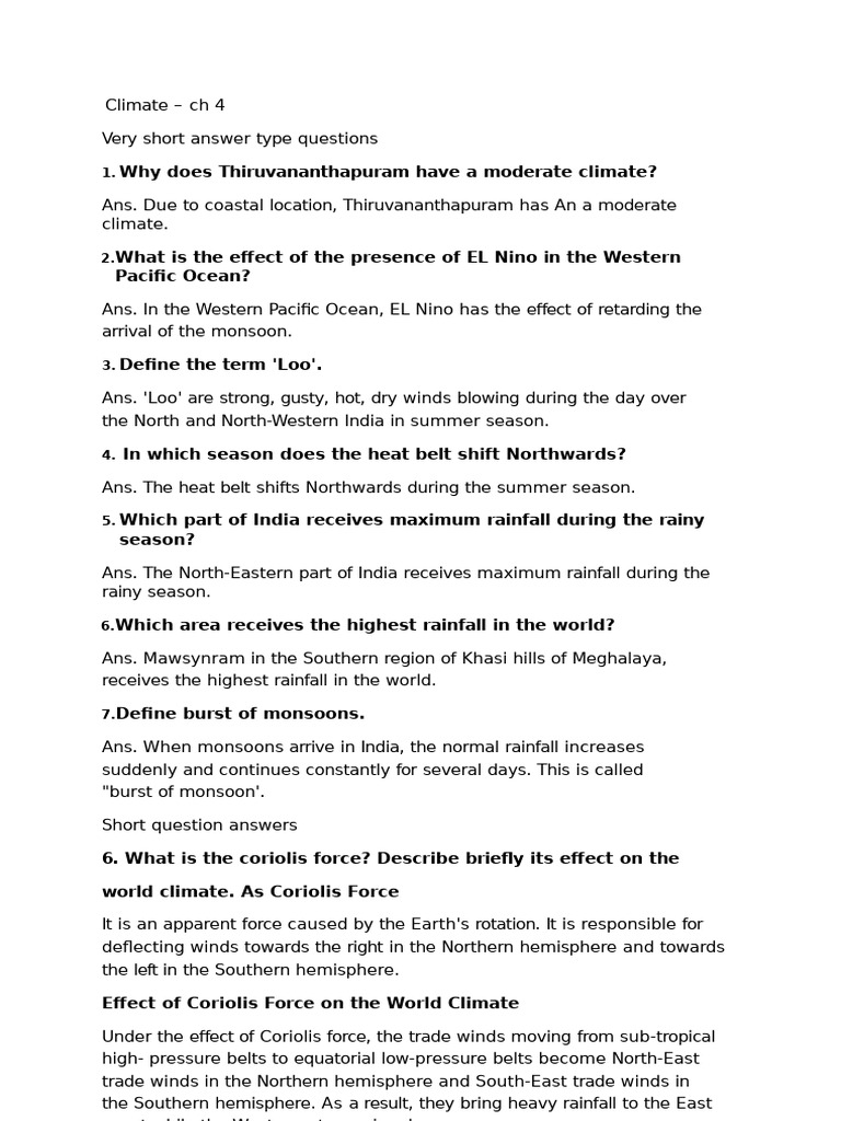 Class 9th Climate Exercise | PDF | Monsoon | Rain