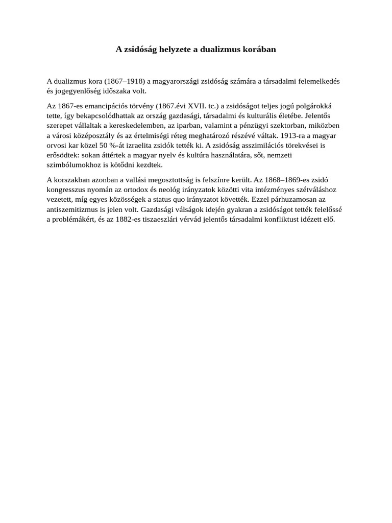 A Zsidóság Helyzete A Dualizmus Korában | PDF