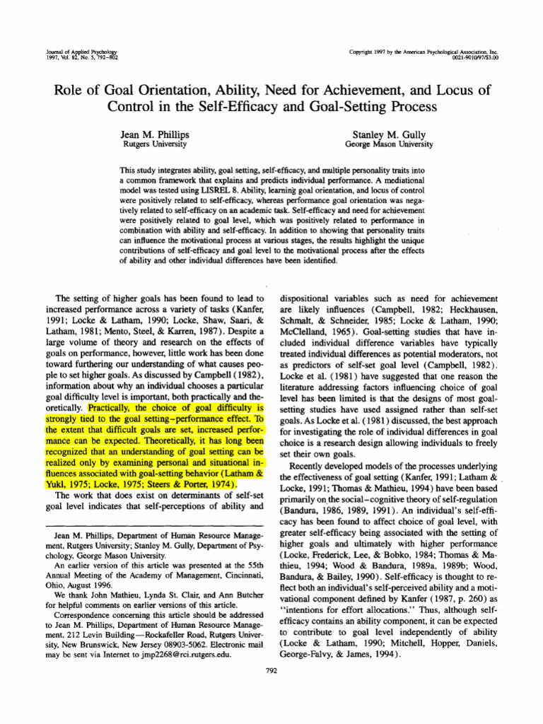Role of goal orientation, ability, need for achievement, and locus of ...