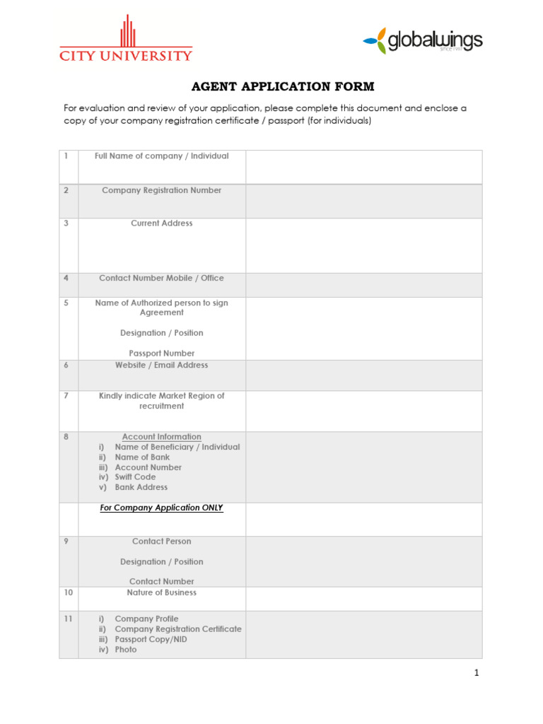 International Agent, Application Form Globalwings-City | PDF