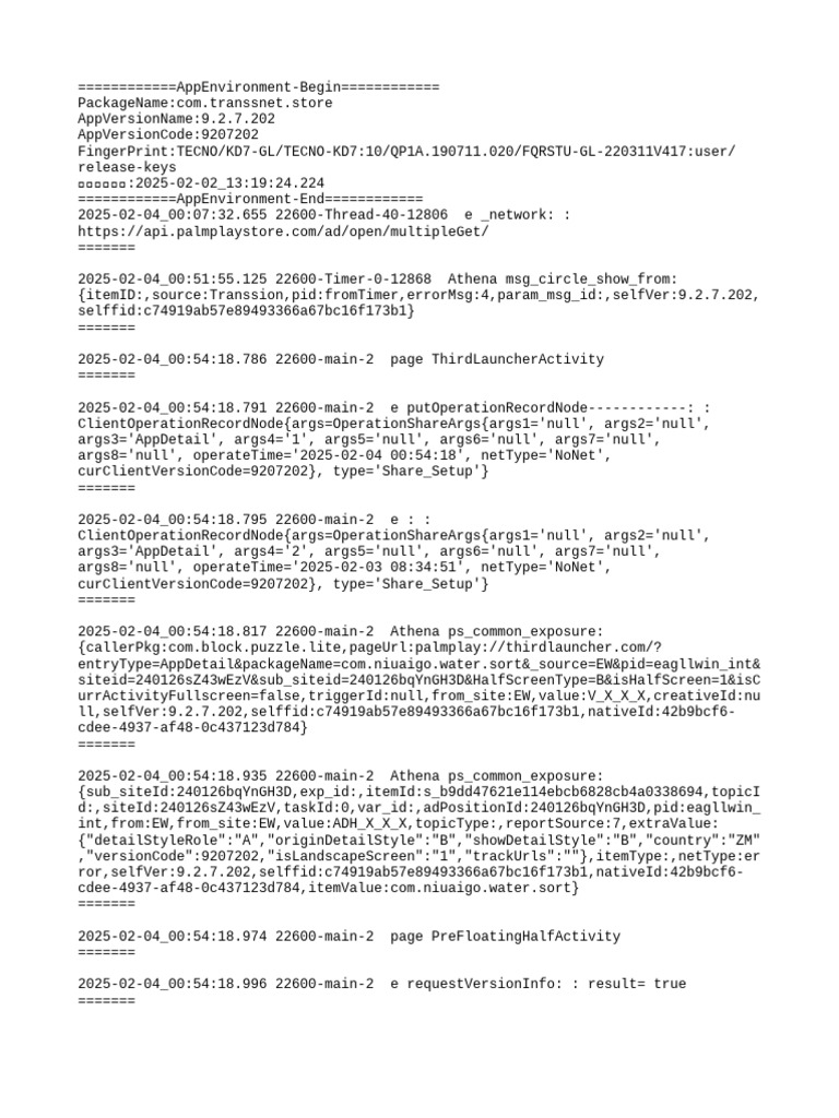 App Environment Log for Water Sort Game | PDF