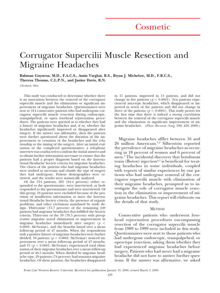 Corrugator Supercilli Resection and Migraine Headaches | PDF | Headache ...