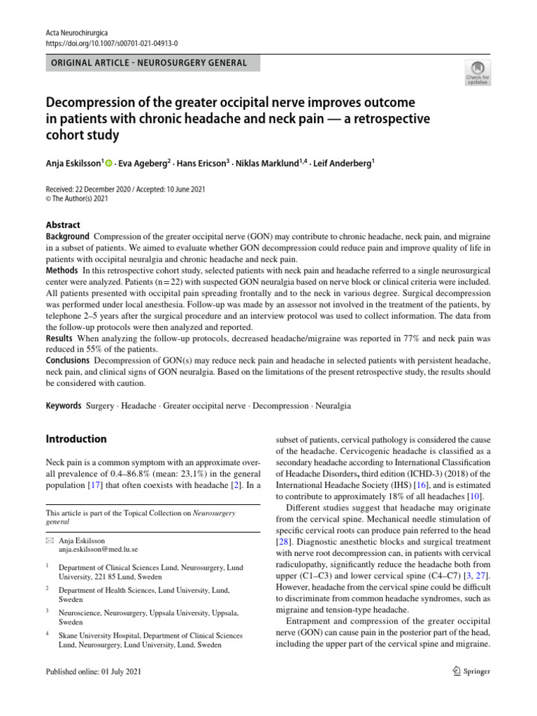 Decompression of The Greater Occipital Nerve Improves Outcome in ...