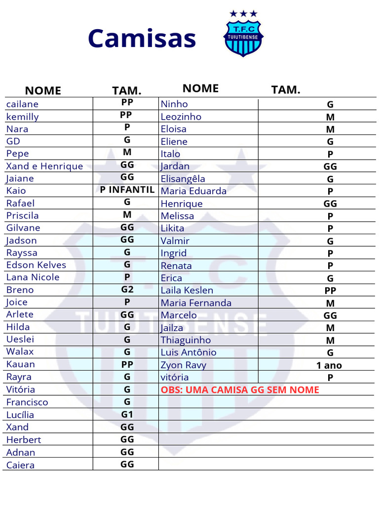 Lista de Camisas e Tamanhos Disponíveis | PDF