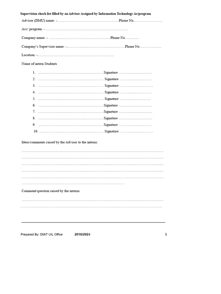 Internship Supervision Checklist Template | PDF