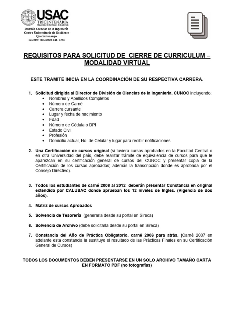 Requisitos Cierre de Curriculum Virtual CUNOC | PDF
