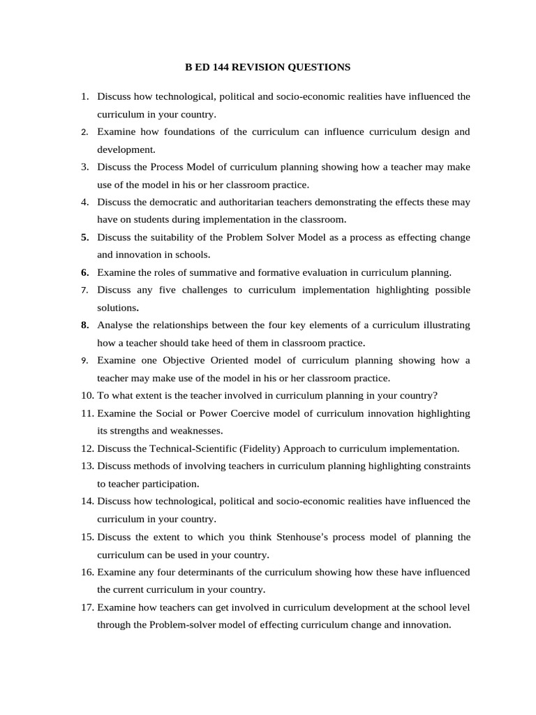 B Ed 144 Revision Questions | PDF | Curriculum | Teachers