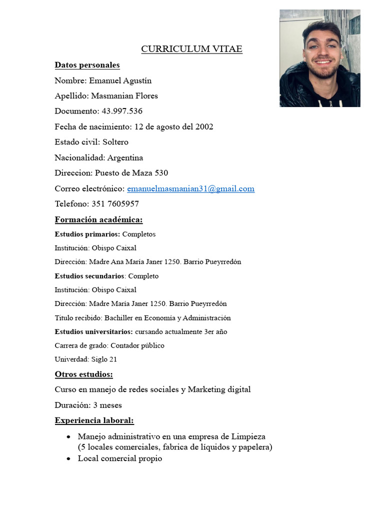 CV de Emanuel Masmanian: Contador en Formación | PDF