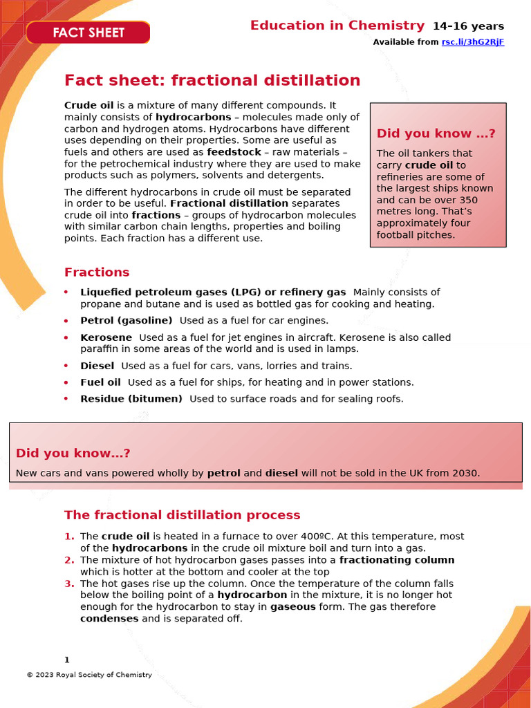 Fact Sheet: Fractional Distillation: Did You Know ? | PDF | Petroleum ...