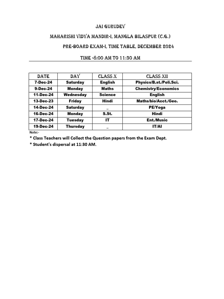 December 2024 Pre-Board Exam Schedule | PDF