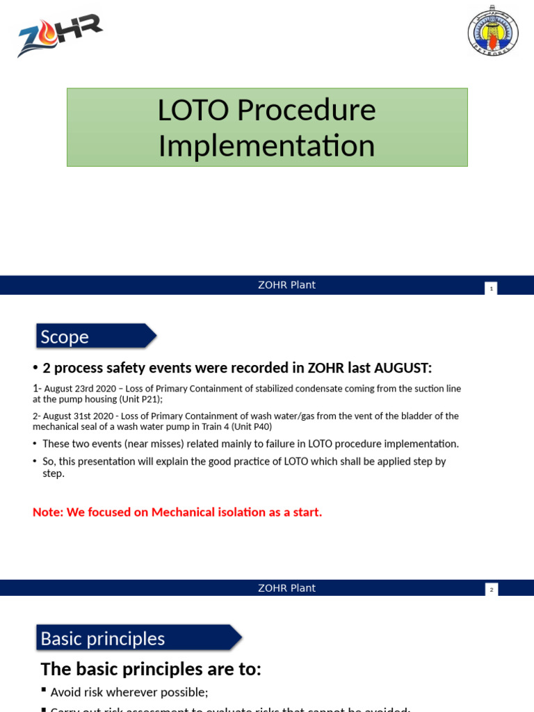 LOTO Procedure Best Practices at ZOHR Plant | PDF