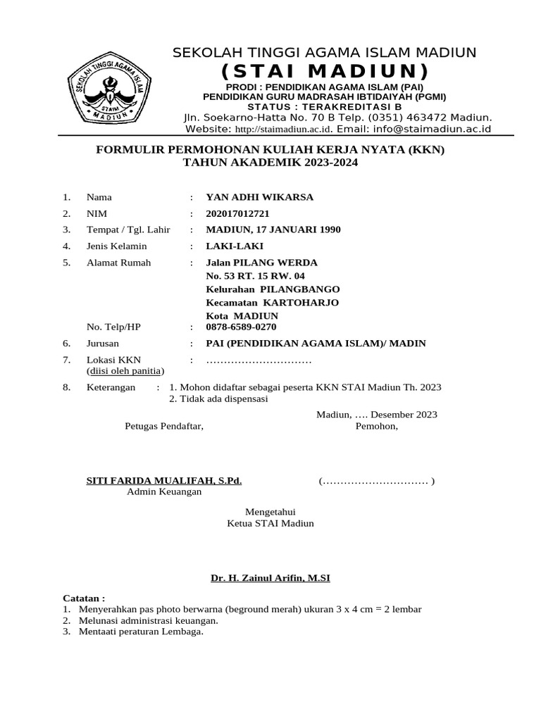 Formulir Pendaftaran KKN | PDF