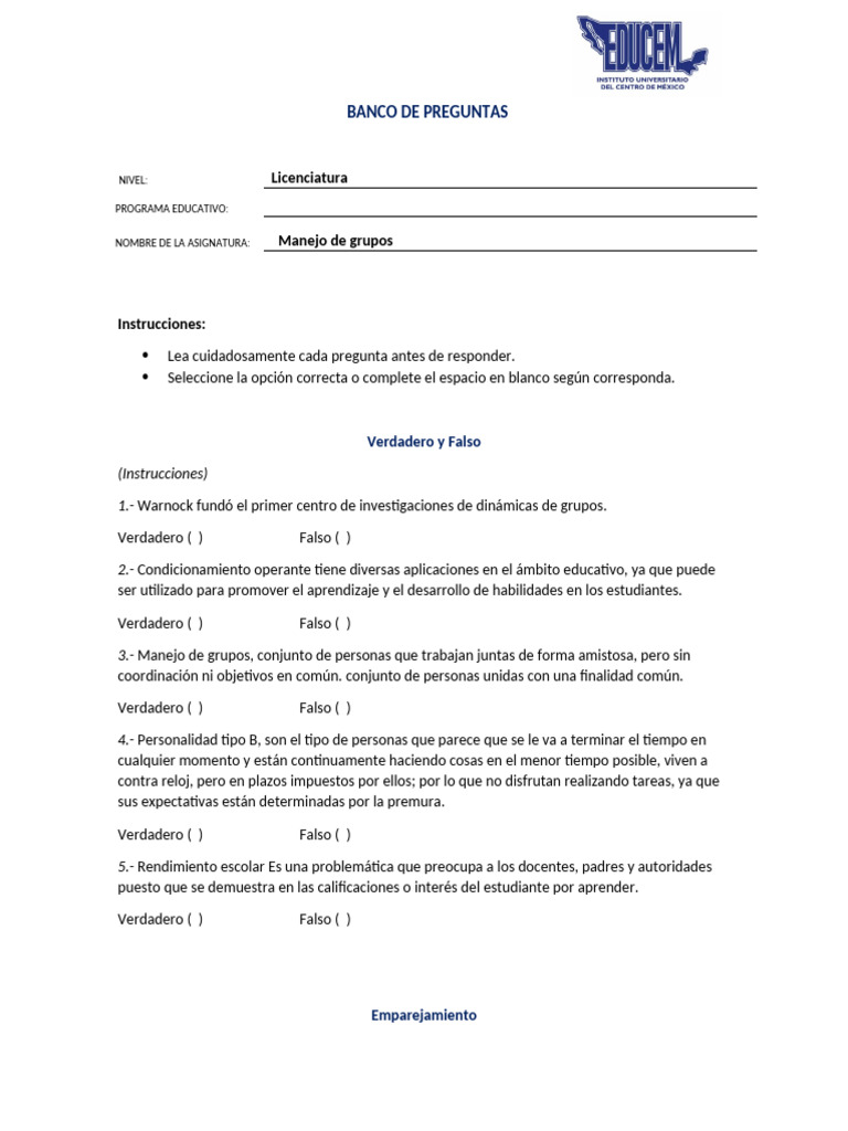 Formato de Banco de Preguntas (1) | PDF | Comportamiento | Aprendizaje