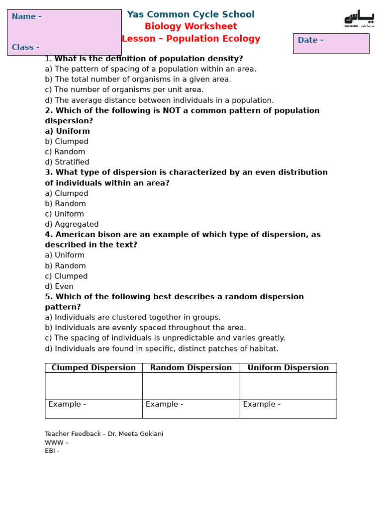 Population Density and Dispersion Worksheet | PDF | Ecosystem ...
