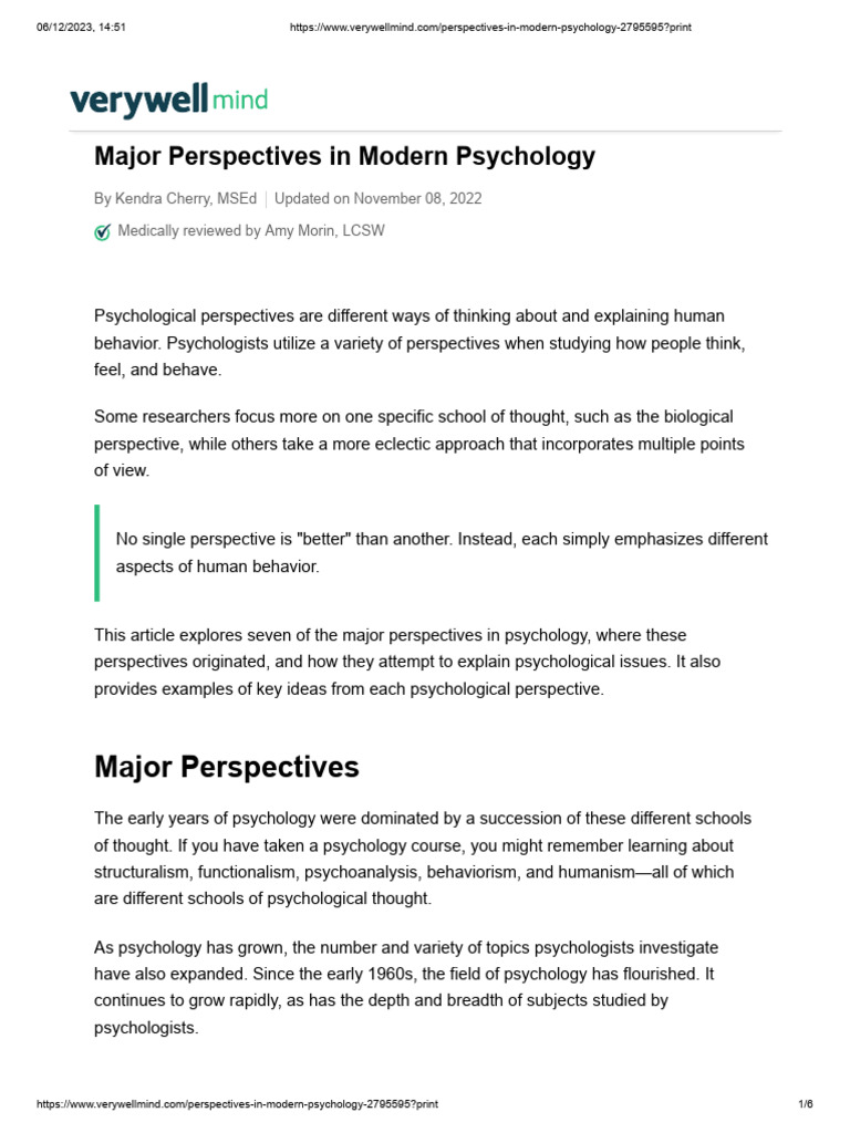 Major Perspectives in Modern Psychology | PDF | Psychology | Humanistic ...