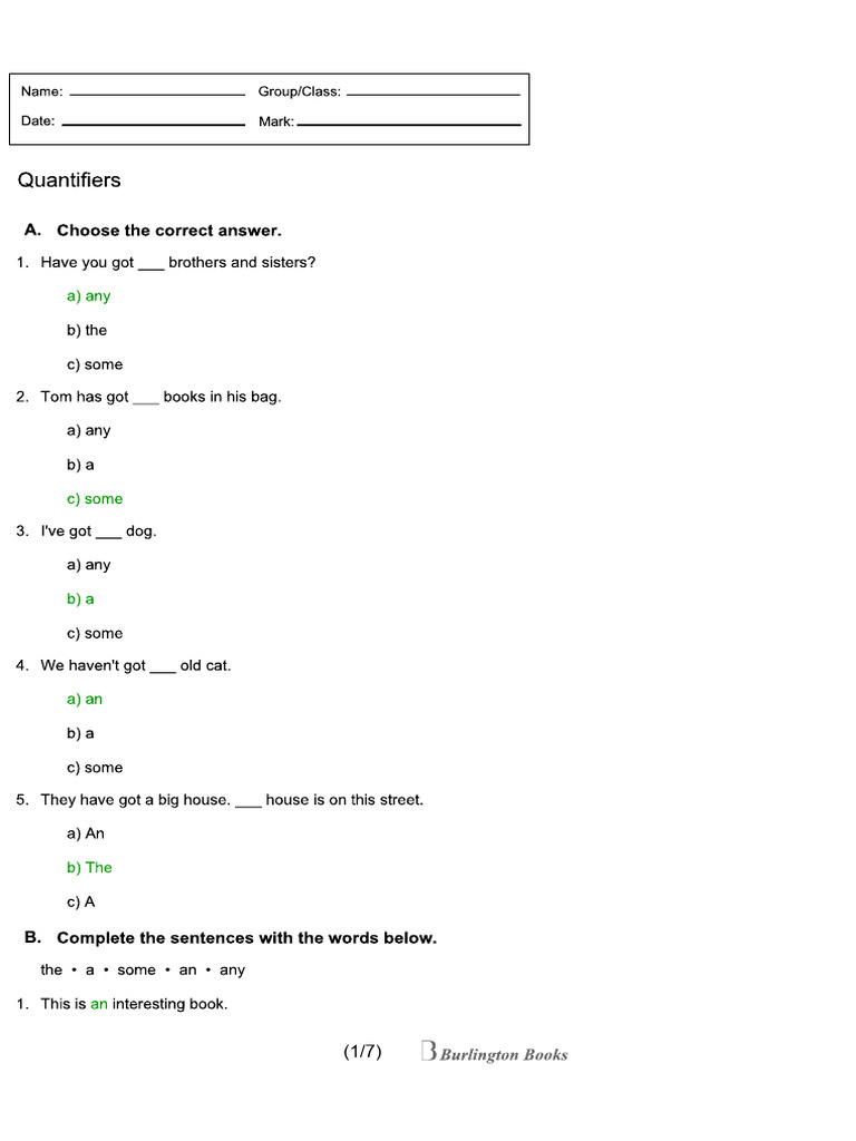 Quantifiers Answers Activity | PDF