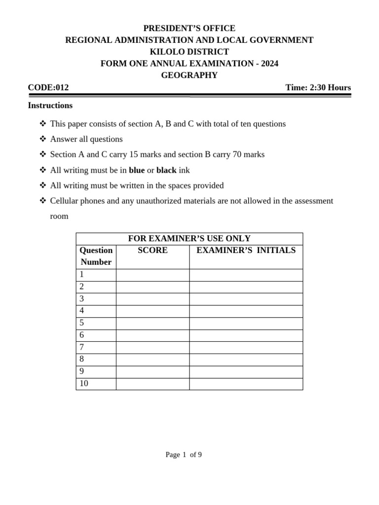 Form One Geography Annual Exam 2024 | PDF | Equator | Meteorology