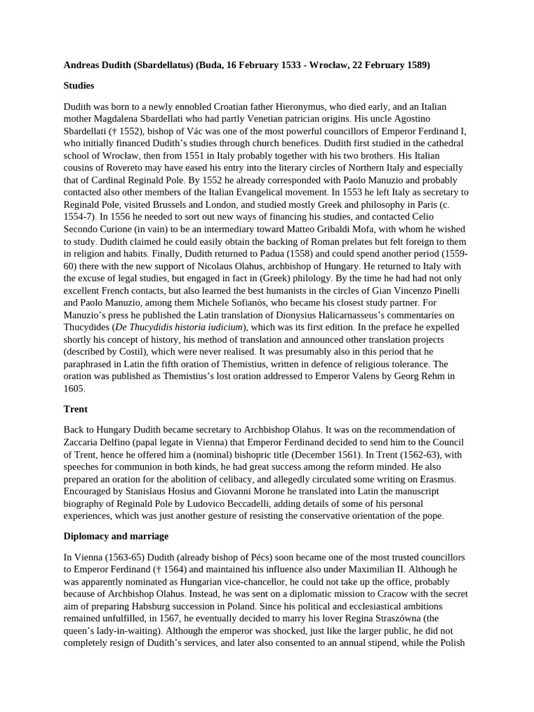 Andreas Dudith: Scholar and Reformer | PDF