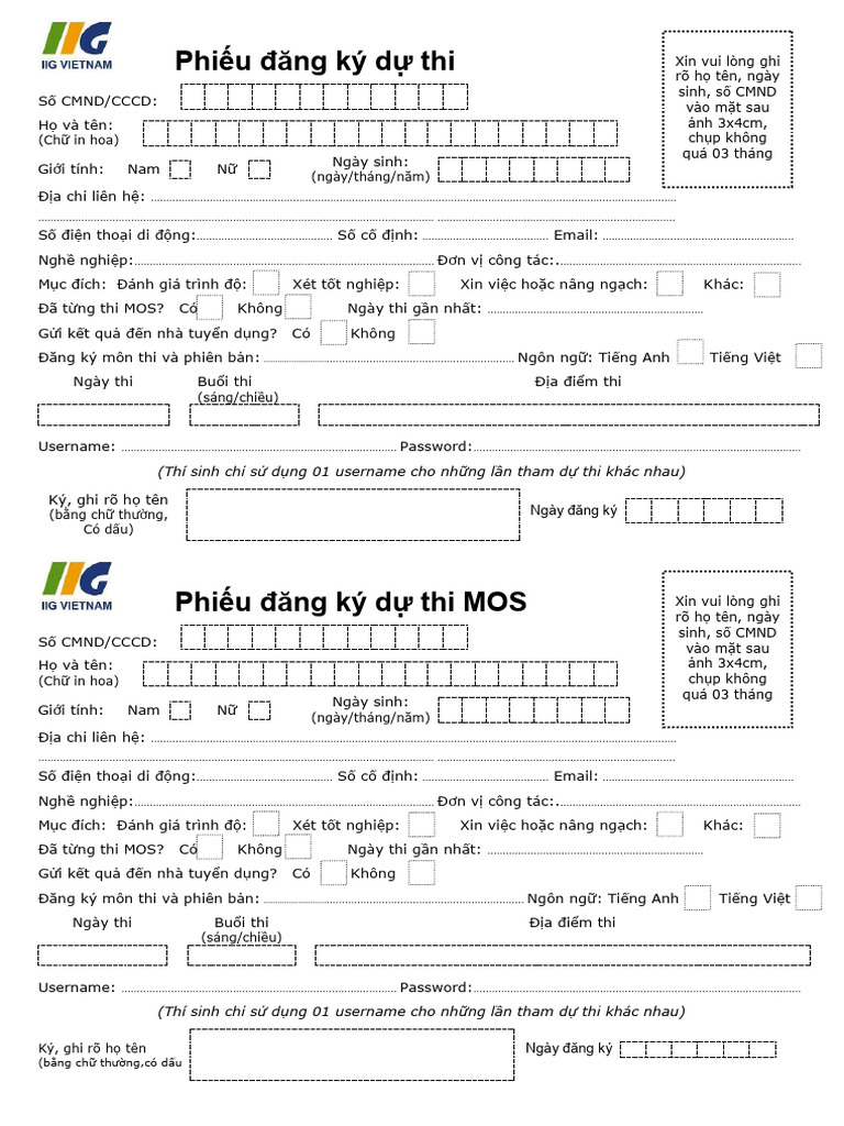 Phieu Dang Ky Thi MOS | PDF
