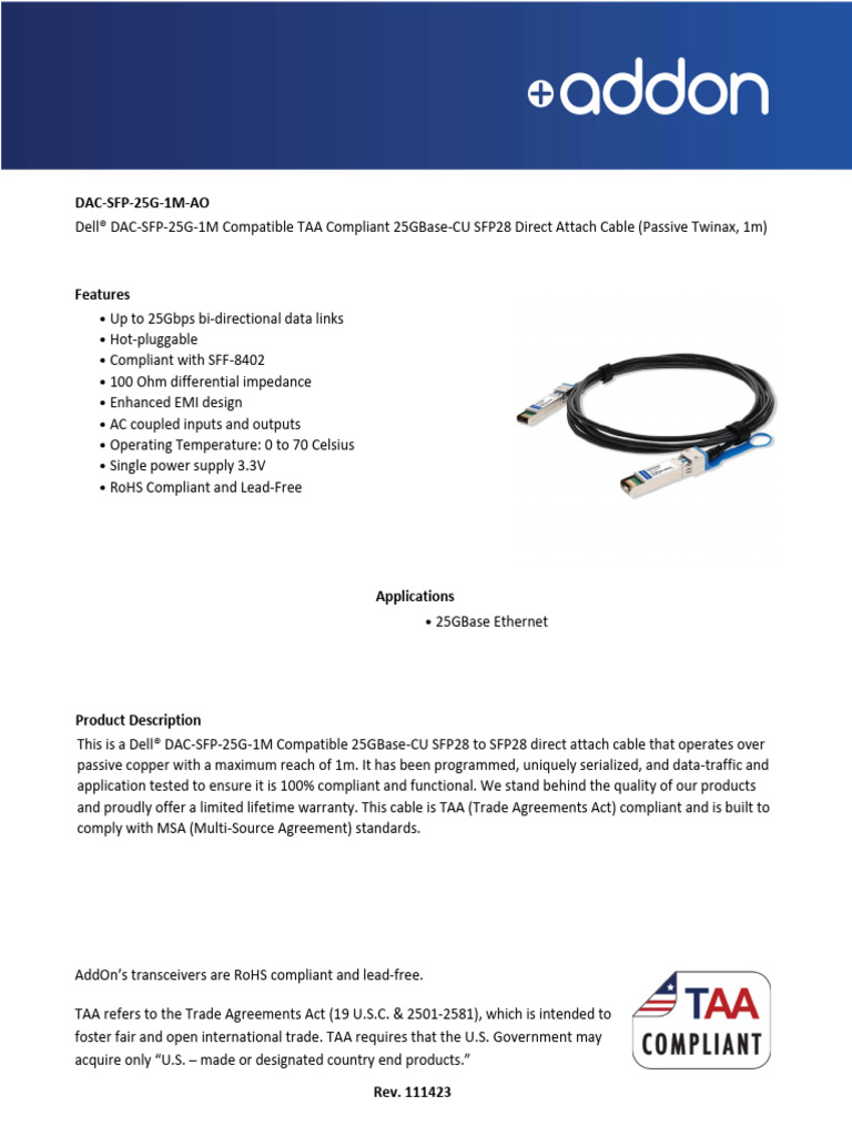 DAC SFP 25G 1M AO - Datasheets - EN | PDF | Electrical Engineering | Electronics