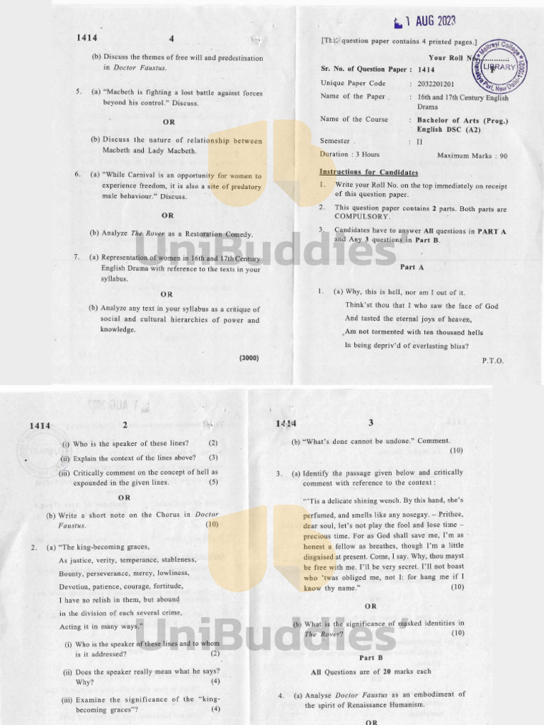 16 & 17 Century English Drama NEP PYQ | PDF