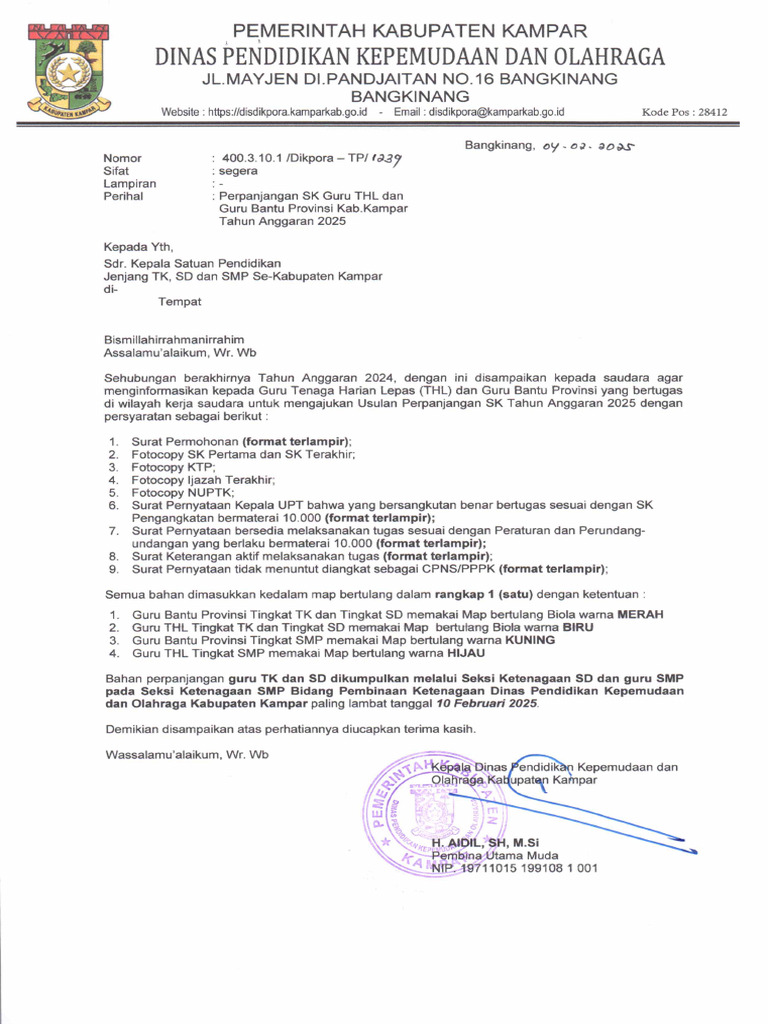 Perpanjangan SK Guru THL dan Guru Bantu Propinsi T.A 2025 | PDF