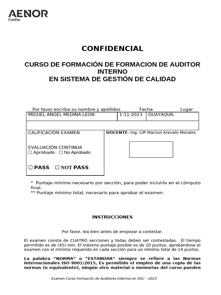 Examen Auditor de Calidad Iso 9001 2015 | PDF | Auditoría | Calidad (comercial)