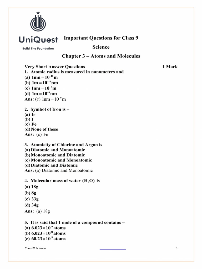 CBSE Class 9 Science Chapter 3 Atoms and Molecules Important Questions ...