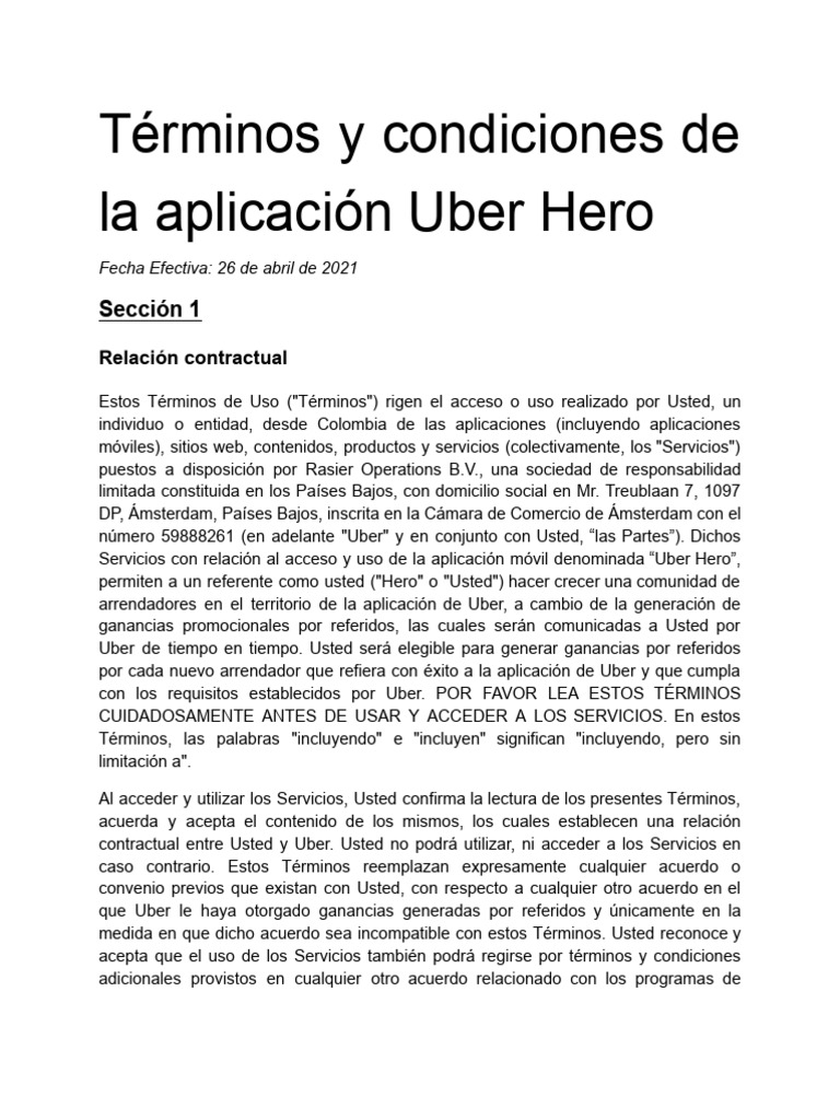 Términos y Condiciones de La Aplicación Uber Hero | PDF | Arbitraje | Privacidad en internet