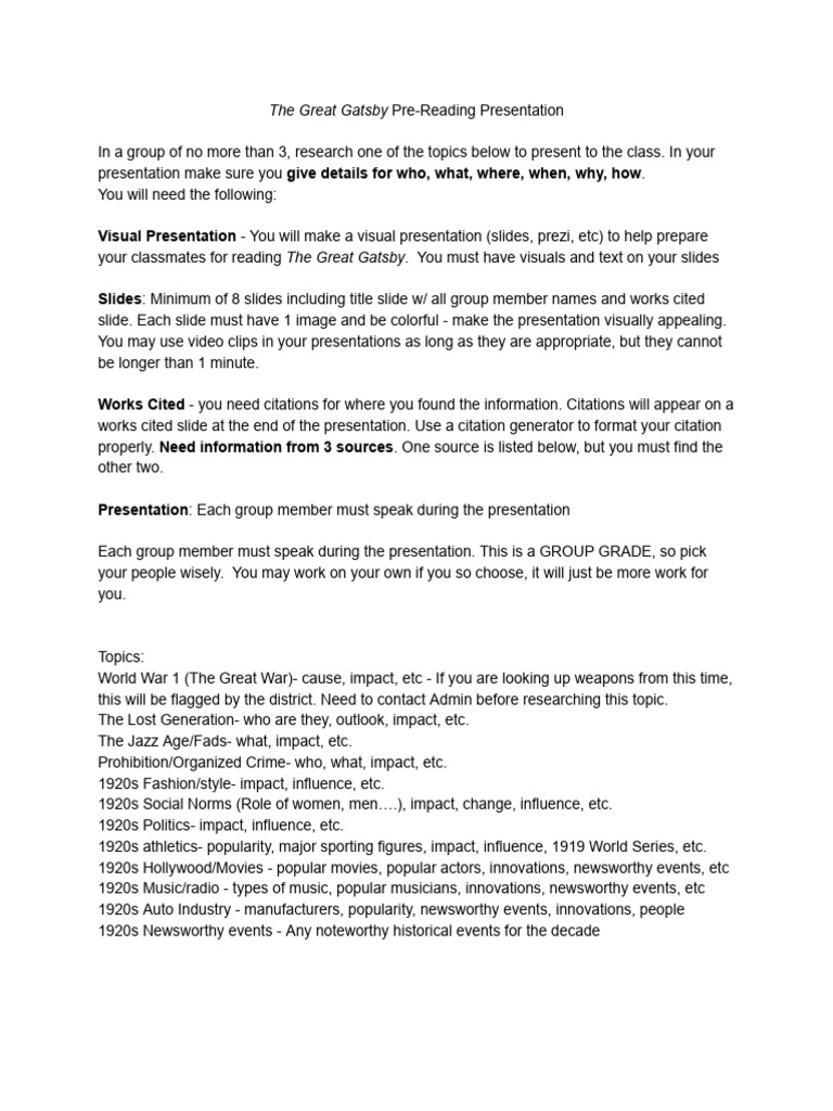 Copy of Gatsby Pre-Reading Project | PDF