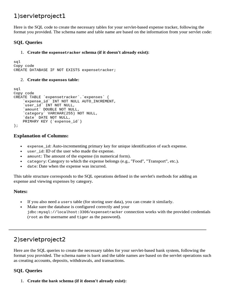 SQL Schemas for Servlet Projects | PDF | Databases | Database Transaction
