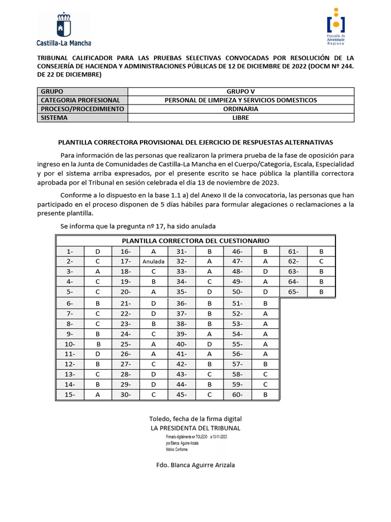 Plantilla Correctora Provisional Grupo V | PDF