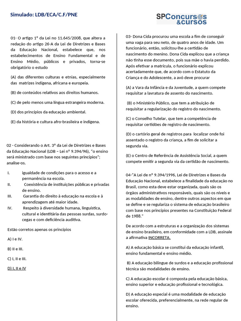 Simulado Pronto - LDB - ECA - CF - PNE - Professora Lidiaine | PDF | Pré-escola | Ensino